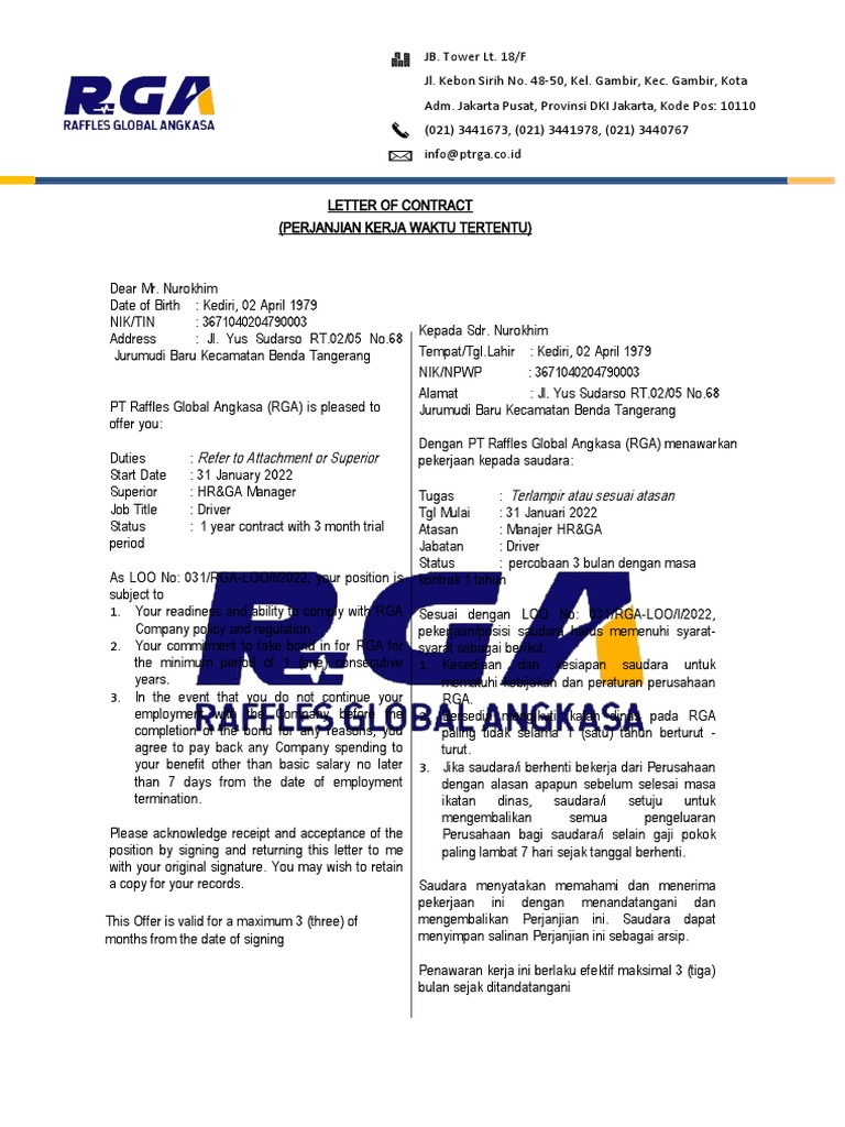 Perjanjian Kerja Driver PT RGA 2022 | PDF