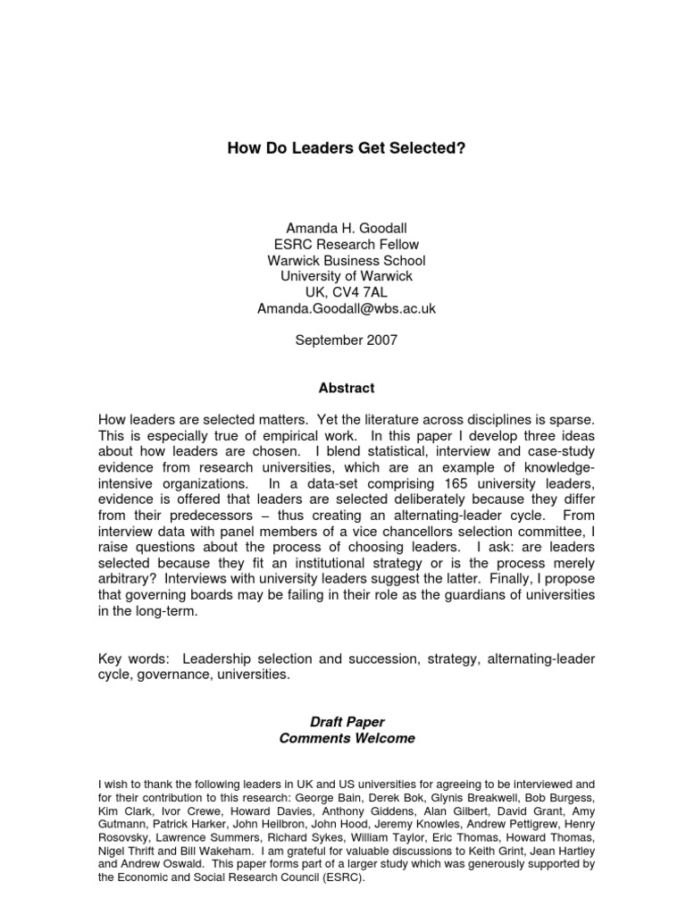 How Do Leaders Get Selected Paper | PDF | Leadership | Correlation And ...