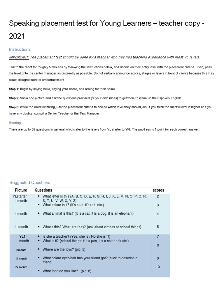 Speaking Placement Test For Young Learners - Teacher Copy - 2021 | PDF ...