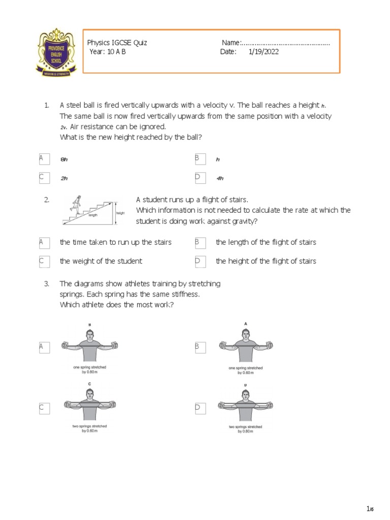 G9 IGCSE Energy, Work & Power Quiz | PDF | Gravity | Mass