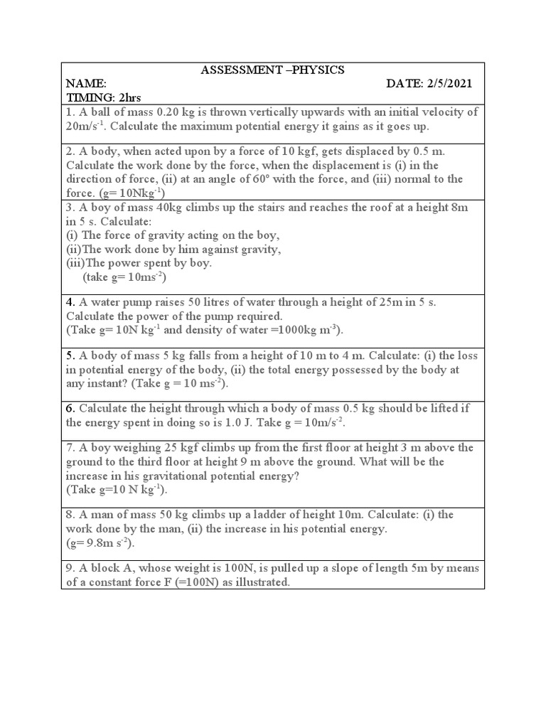 Assessment - Physics | PDF | Potential Energy | Force
