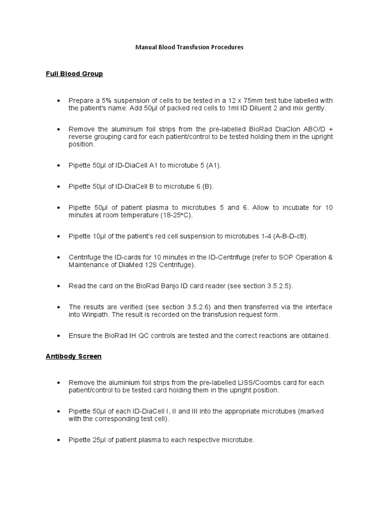 Manual Blood Transfusion Procedures | PDF | Blood Transfusion | Blood ...
