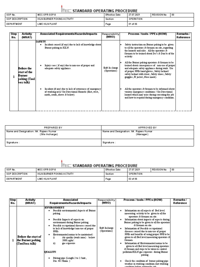 SOP 8 - Burner Poking in Kiln (Repaired) | PDF | Personal Protective ...
