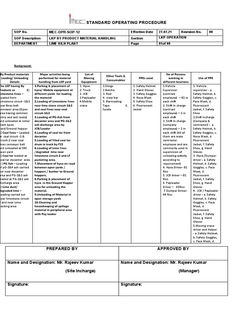 Sop 12 Loading Unloading Lkp By Products Pdf Personal
