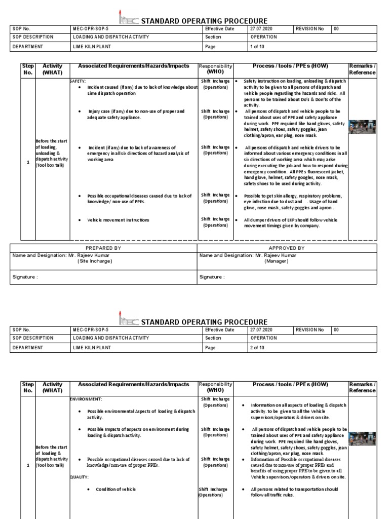 SOP 5 - Loading & Dispatch | PDF | Personal Protective Equipment | Safety