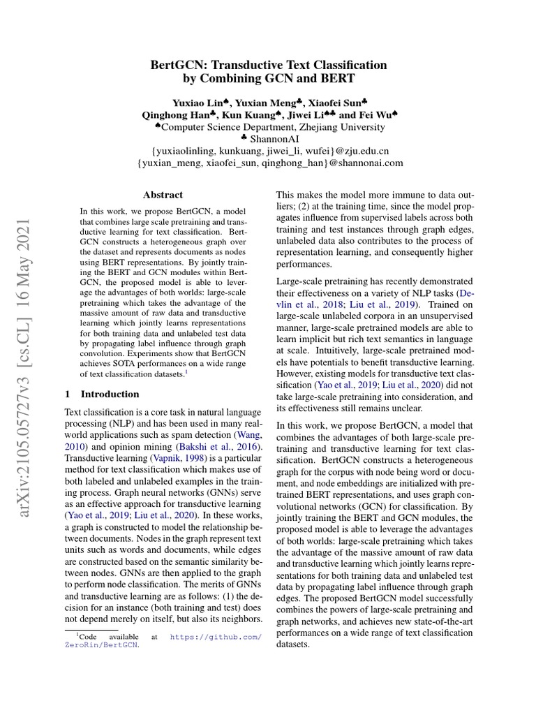 Bertgcn: Transductive Text Classification by Combining GCN and Bert | PDF | Vertex (Graph Theory ...