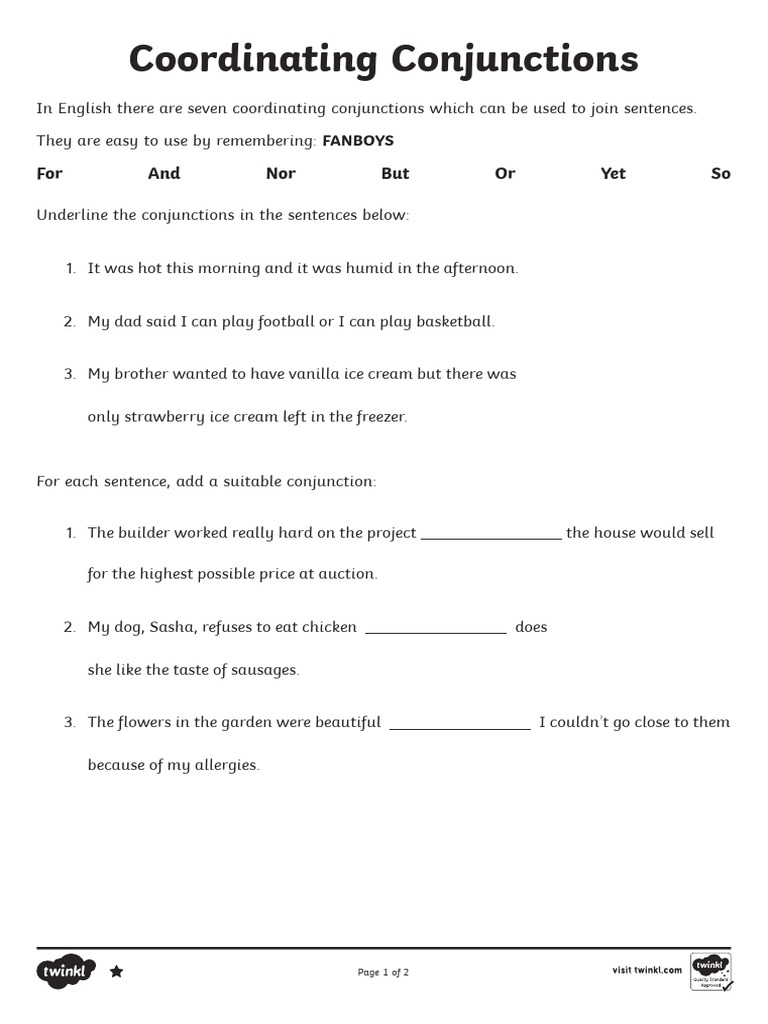 Coordinating Conjunctions: For and Nor But or Yet So | PDF