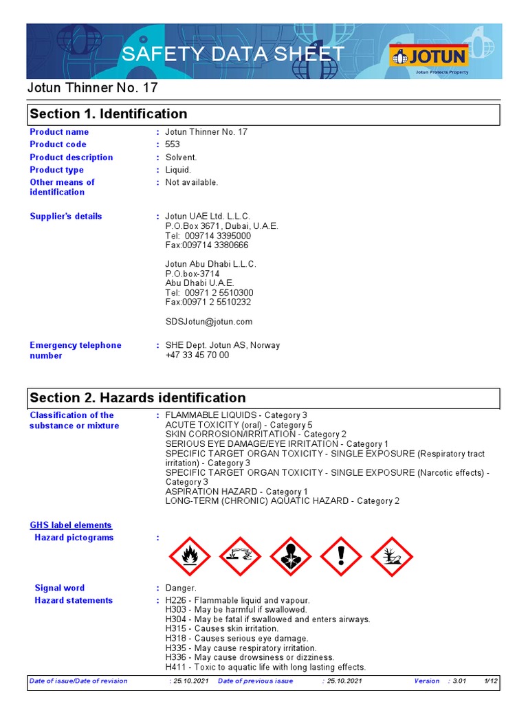 Safety Data Sheet: Section 1. Identification | PDF | Firefighting ...