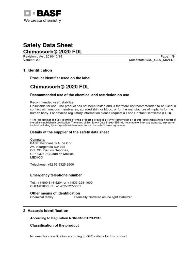 Safety Data Sheet: Chimassorb 2020 FDL | PDF | Toxicity | Firefighting