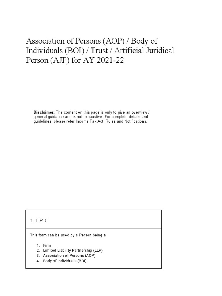 Association of Persons (AOP) / Body of Individuals (BOI) / Trust / Artificial Juridical Person ...