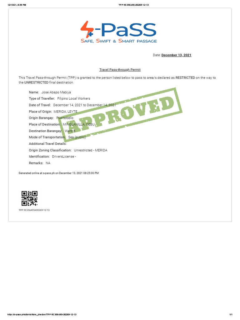 S-PaSS Traveler Form Document | PDF