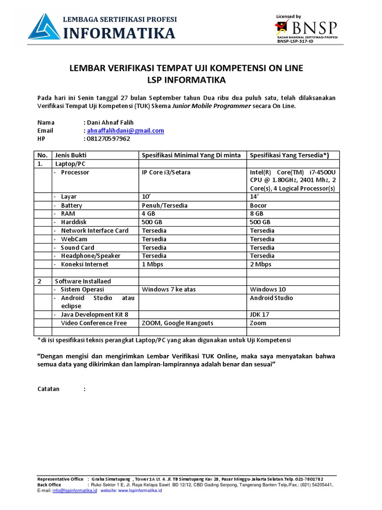 Informatika: Lembar Verifikasi Tempat Uji Kompetensi On Line LSP Informatika | PDF