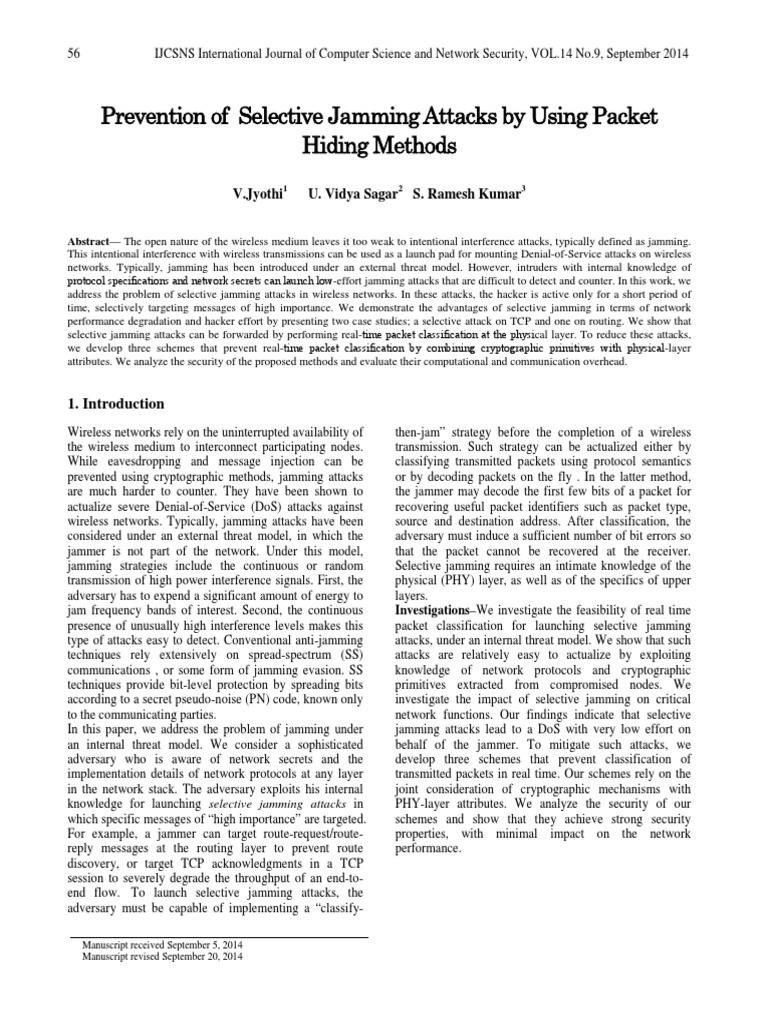 Prevention of Selective Jamming Attacks by Using Packet Hiding Methods | PDF | Computer Network ...