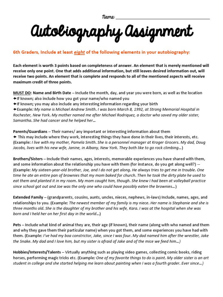 6th Grade Autobiography Assignment | PDF