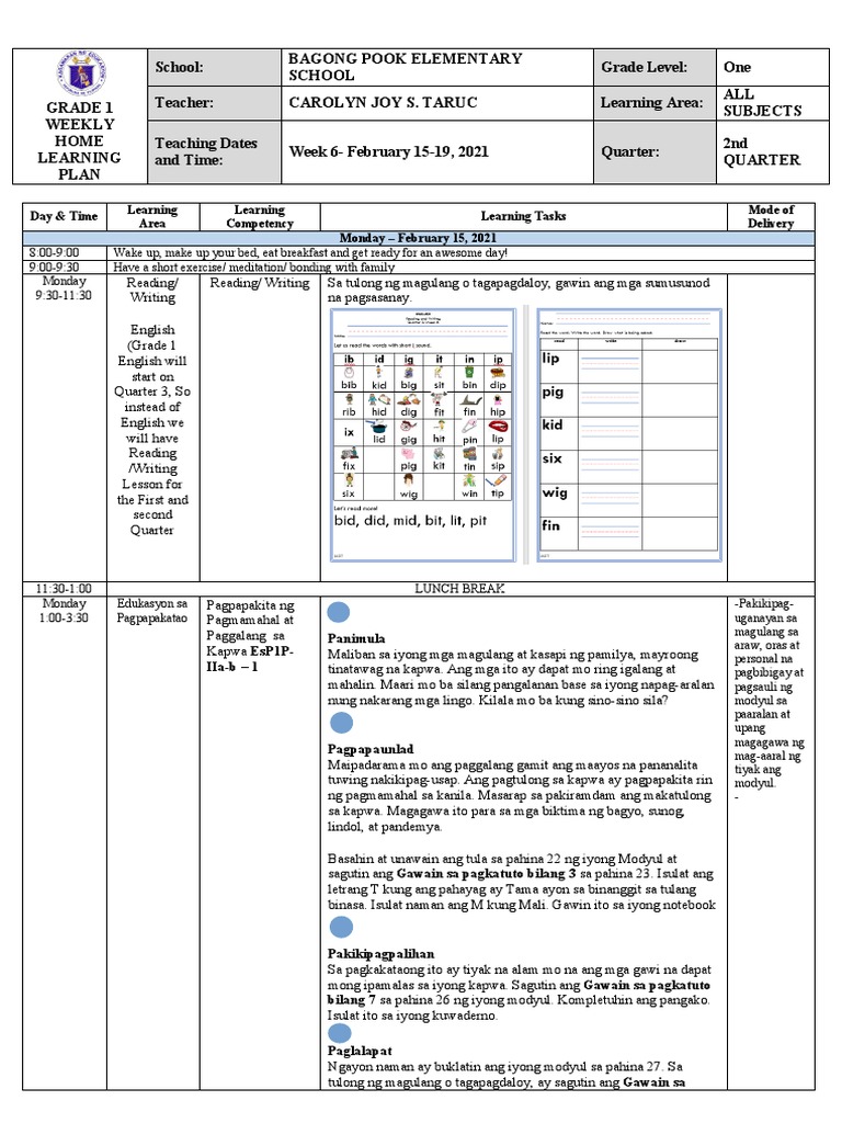 Grade One All Subjects WHLP q2 Wk6 1 | PDF