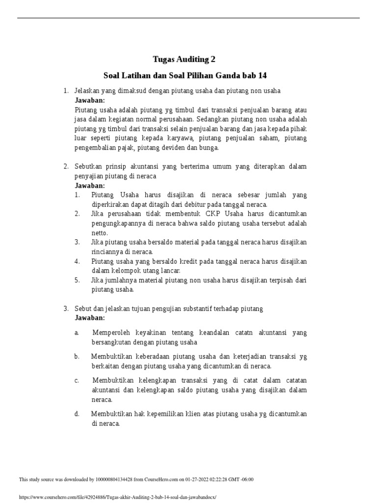 Tugas Akhir Auditing 2 Bab 14 Soal Dan Jawaban | PDF | Pengelolaan Keuangan & Uang