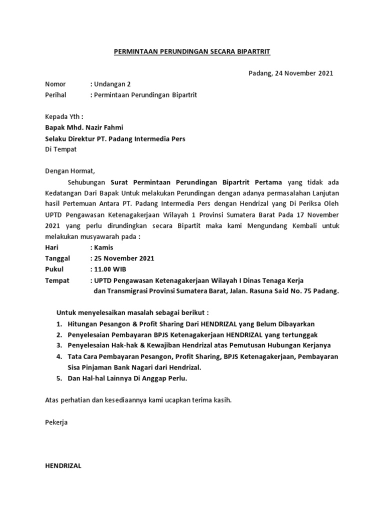 Permintaan Perundingan Secara Bipartrit Kedua | PDF