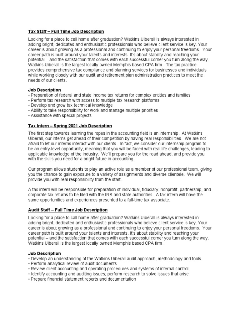 Tax Staff - Full Time Job Description | PDF | Internship | Job Hunting