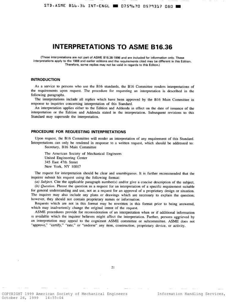 ASME B16.36-1996 Orifice Flanges Interpretations | PDF | Travel | Law