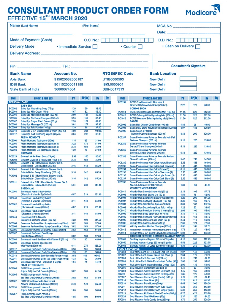 Consultant Product Order Form: Effective 15 March 2020 | Download Free ...