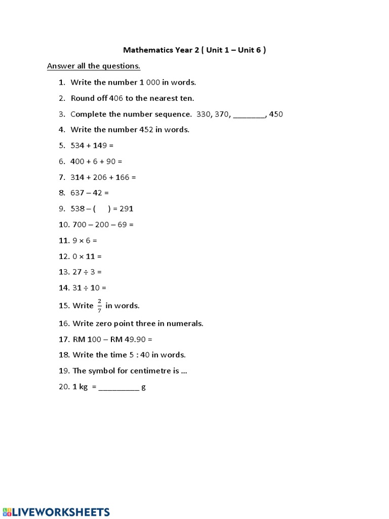 Mathematics Year 2 (Unit 1 - Unit 6) | PDF