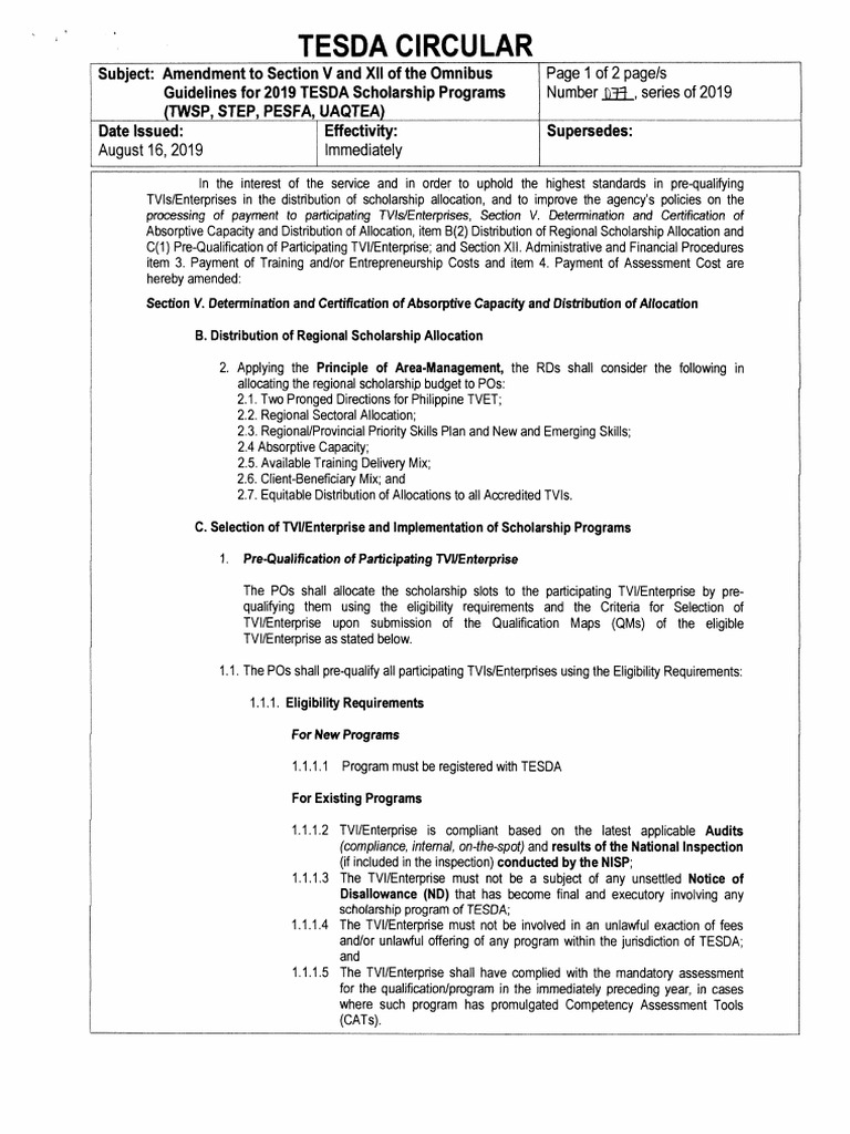 TESDA Scholarship Program Amendments | PDF | Audit | Regulatory Compliance