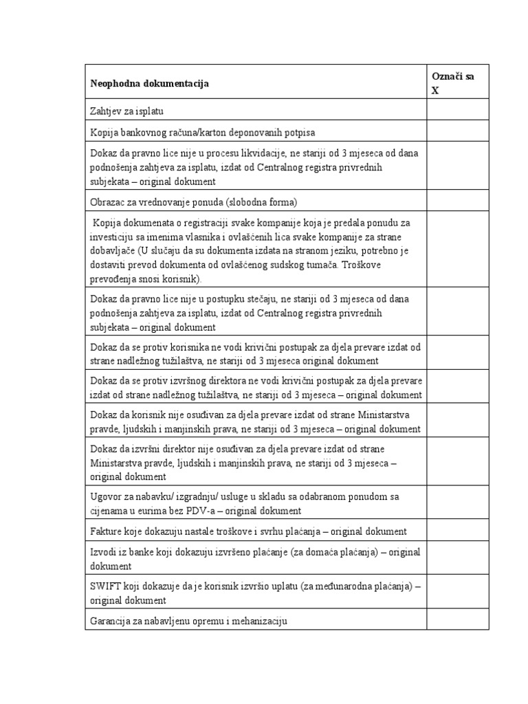 Prilog 4-Lista Neophodne Dokumentacije Uz Zahtjev Za Isplatu Sredstava ...