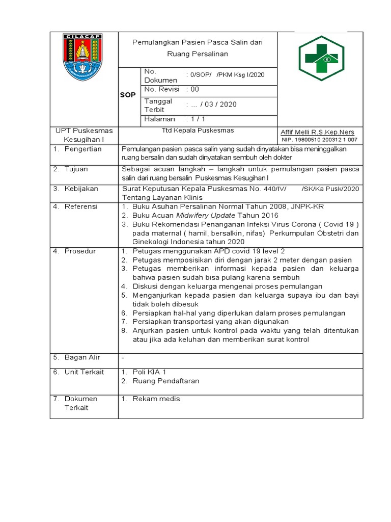 SOP Pemulangan Pasien Pasca Salin | PDF