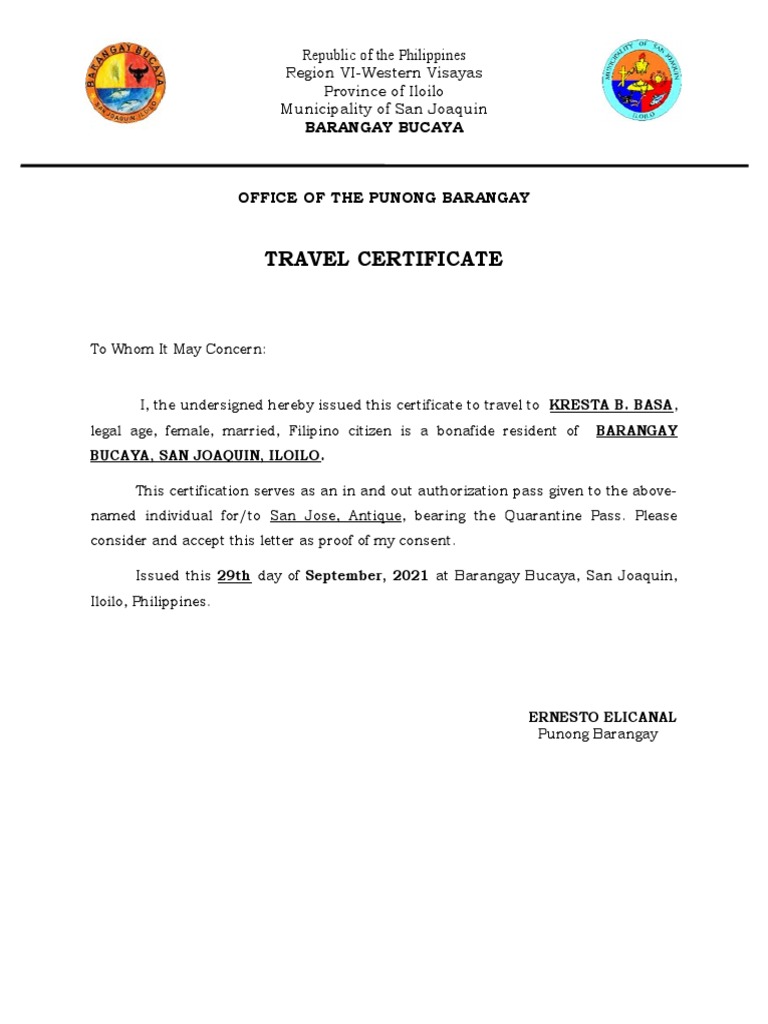 Travel Certificate: Barangay Bucaya | PDF | Philippines