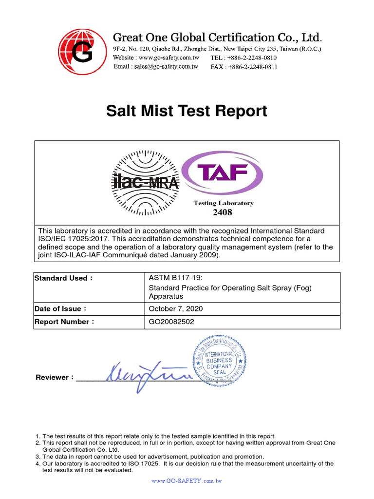 Salt Spray Test Report - Sample | PDF