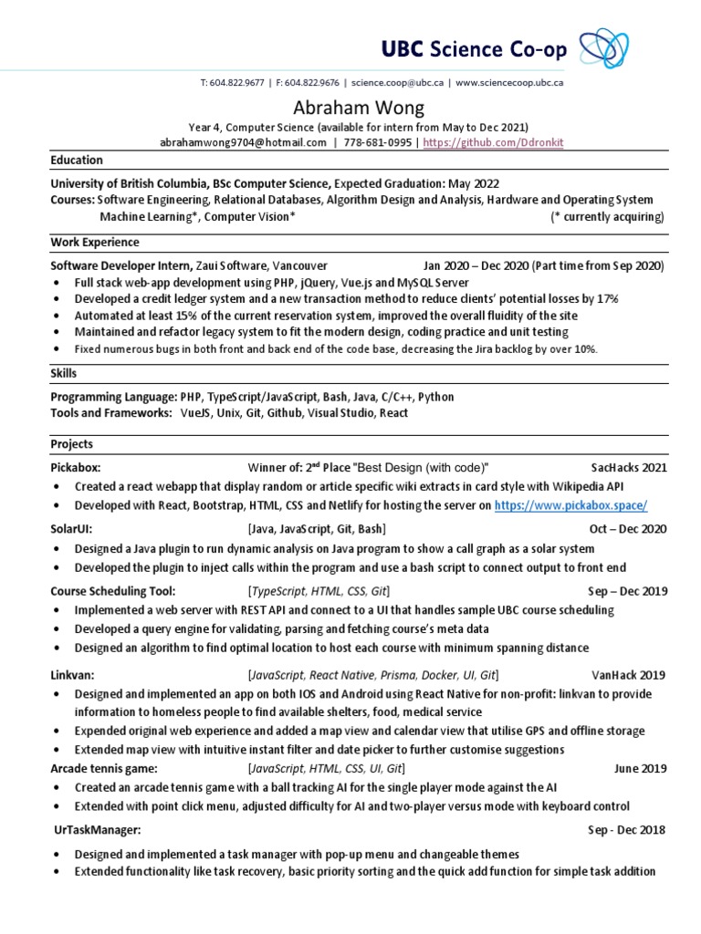 UBC Computer Science Student Seeks Software Internship | PDF | Web ...