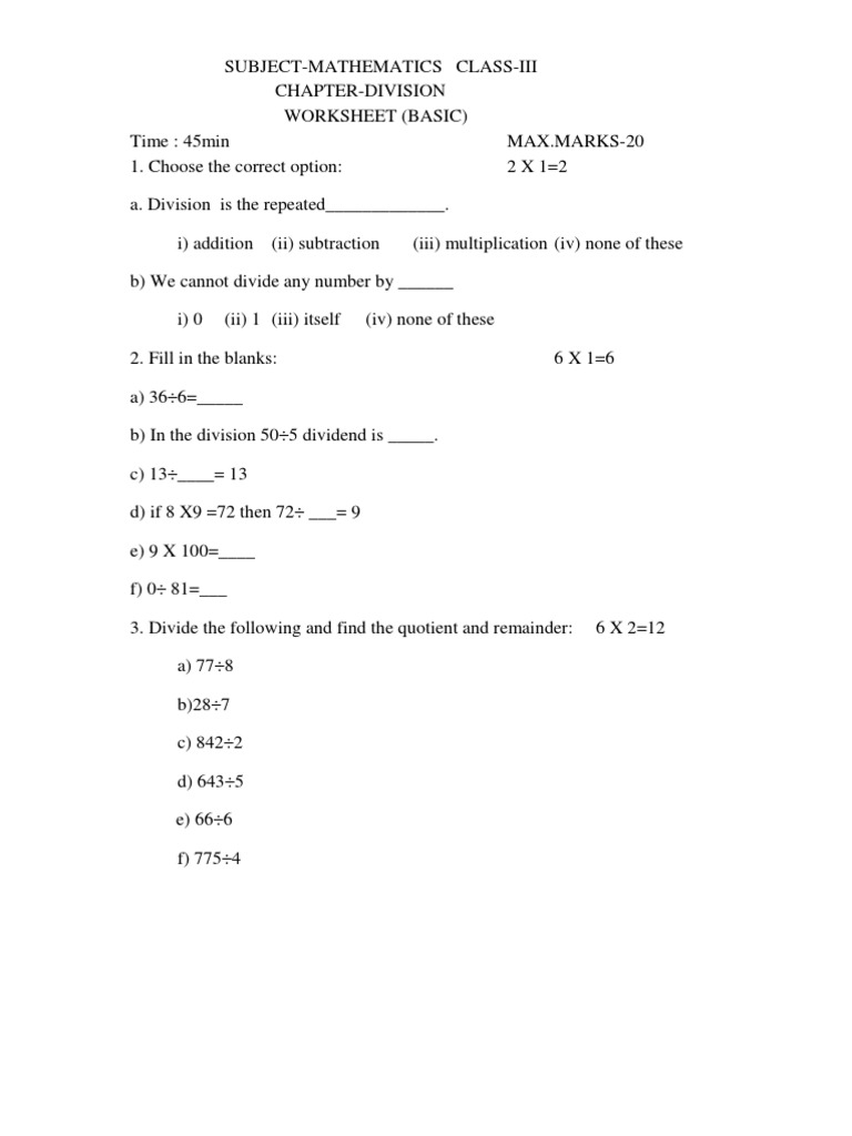 Division Worksheet for Class 3 | PDF