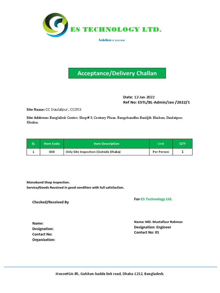 Es Technology LTD.: Acceptance/Delivery Challan | PDF | Business