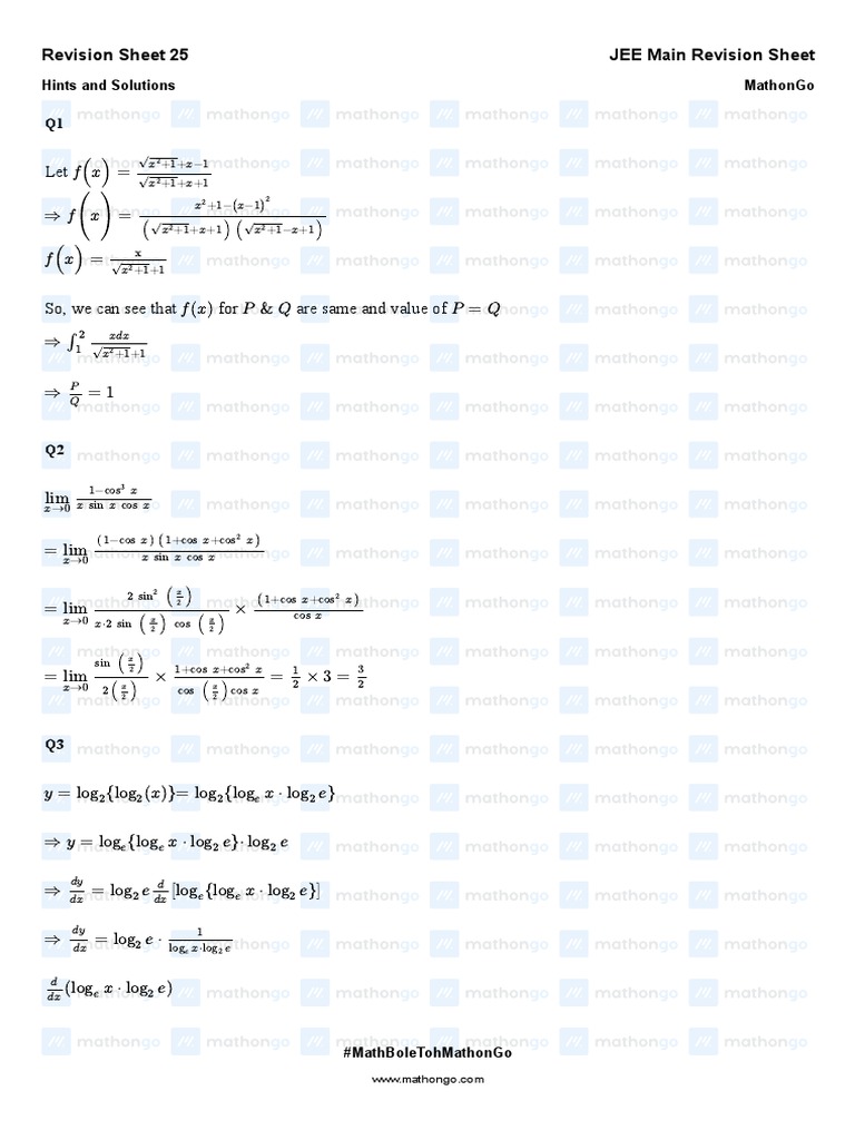 Revision Sheet 25 Jee Main Revision Sheet: Hints and Solutions Mathongo | Download Free PDF ...