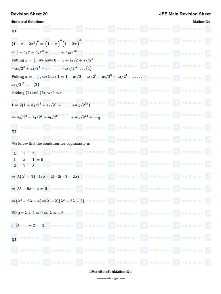 Revision Sheet 20 Jee Main Revision Sheet: Hints and Solutions Mathongo ...