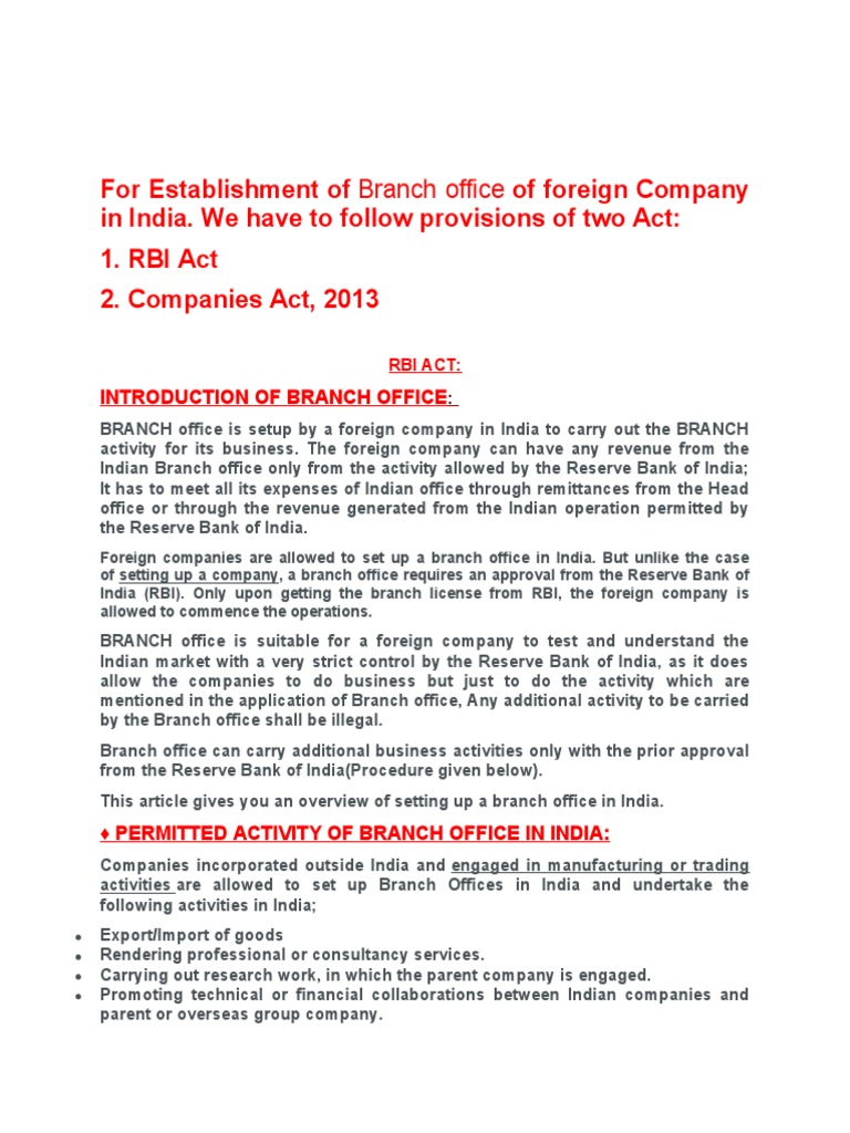 Foreign Company Branch Setup Guide | PDF | Reserve Bank Of India | Banks