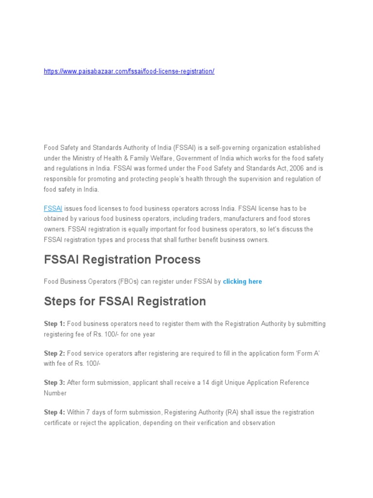 Fassai Registration Process | PDF | Food Safety