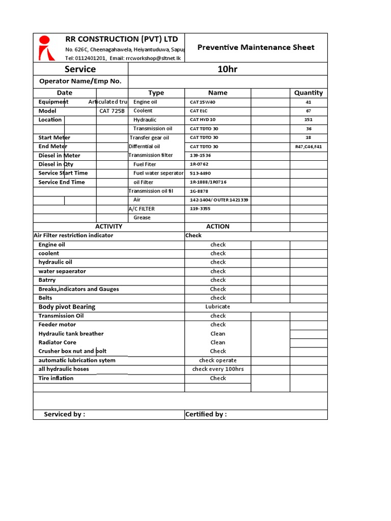 RR Construction Preventive Maintenance Sheet | PDF | Transmission ...