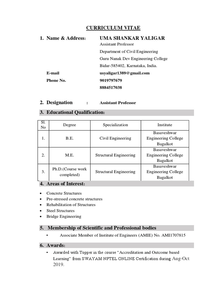 Curriculum Vitae 1. Name & Address Uma Shankar Yaligar: Aug-Oct 2019 | PDF
