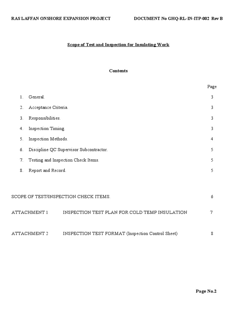 Scope of Test and Inspection For Insulating Work | PDF | Building ...