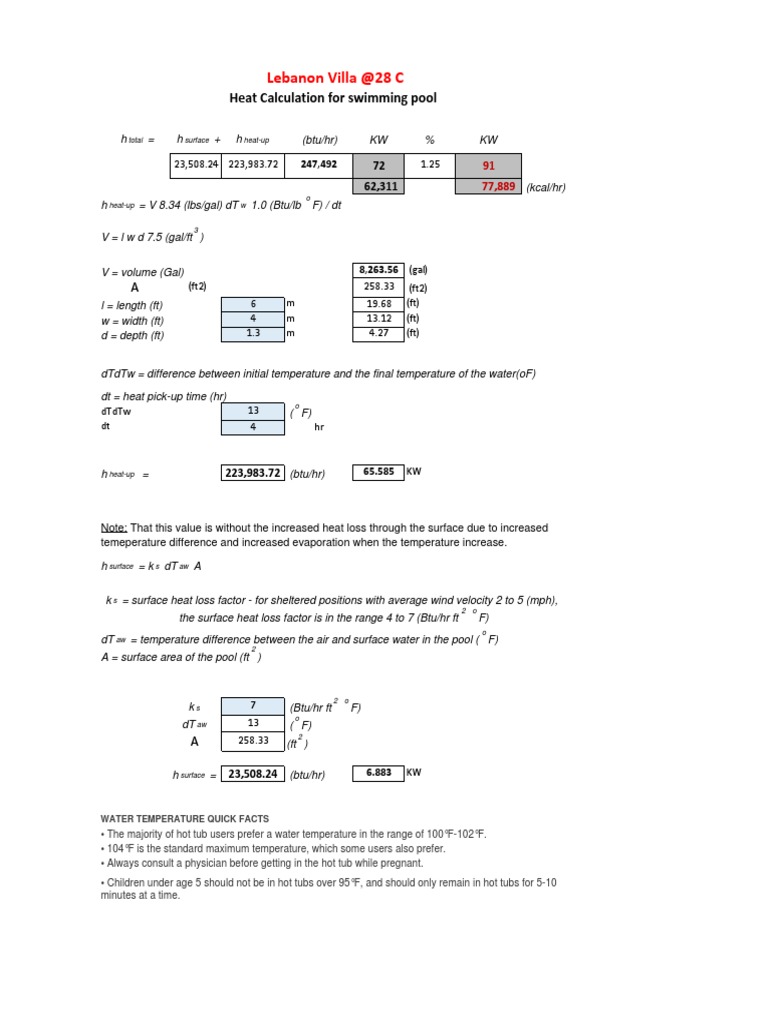 Heat Calculation For Swimming Pool | PDF | Temperature | Chemical ...