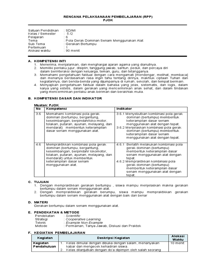 RPP PJOK Kelas 5 Semester 2 Pelajaran 6 | PDF