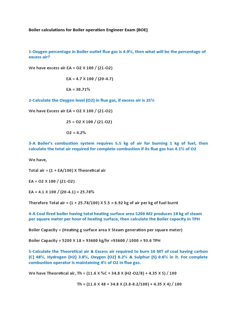 Boiler Calculations For Boiler Operation Engineer Exam (BOE) | PDF ...