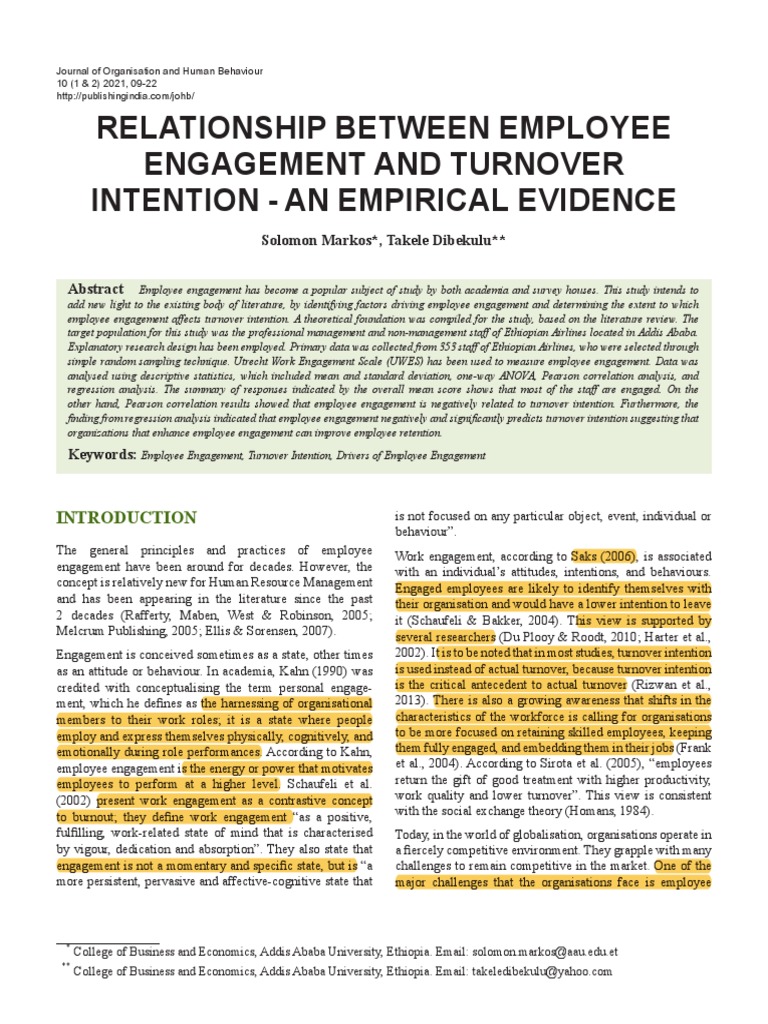 Relationship Between Employee Engagement and Turnover Intention - An ...