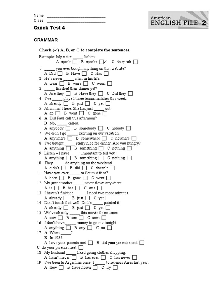 Quick Test 4: Grammar & Vocabulary | PDF