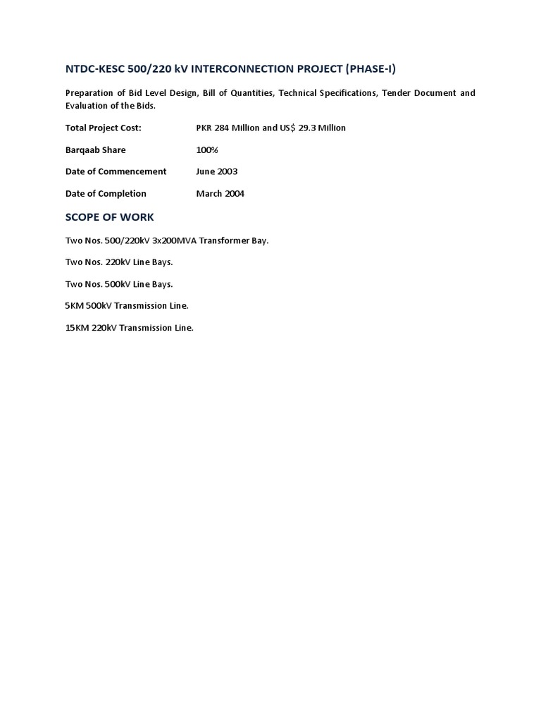 Barqaab: NTDC Kesc 500/220 KV Interconnection Project (Phase I) | PDF ...