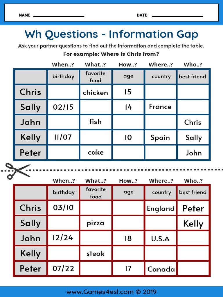 WH Questions Worksheet Information Gap Activity | PDF