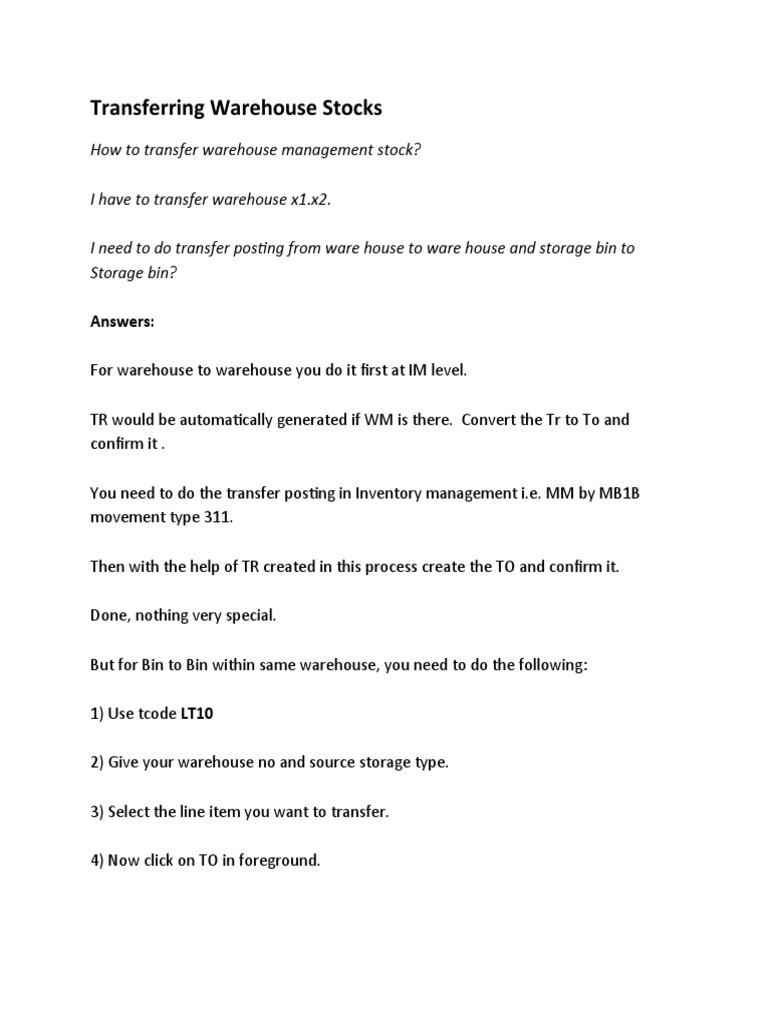 Warehouse Transfer Procedure Guide | PDF