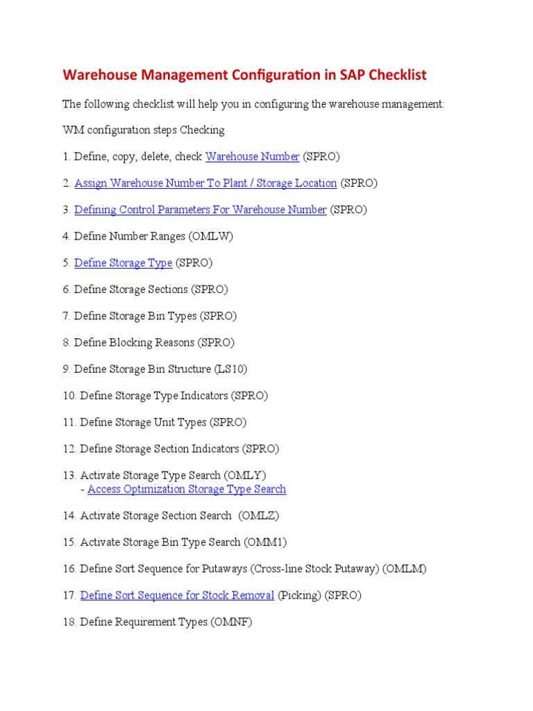 Warehouse Management Configuration in SAP Checklist | PDF | History