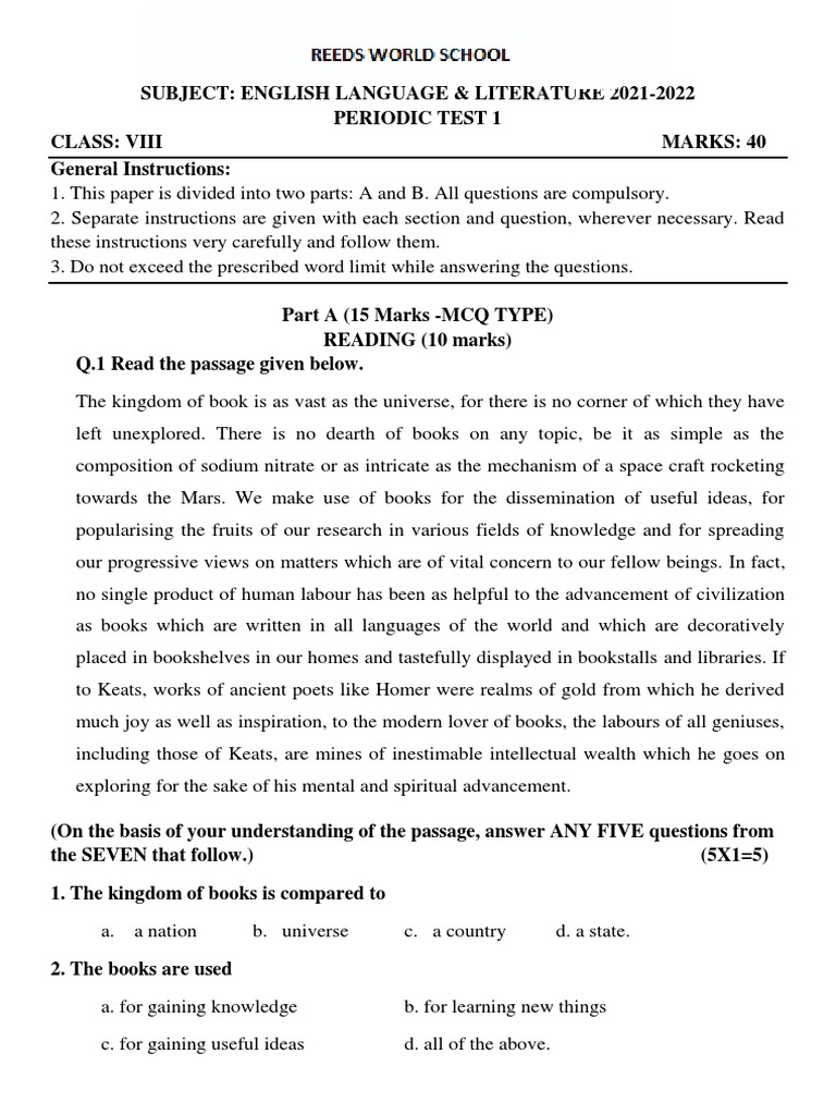 01 English Grade-8 PT-1 QP | PDF | Abraham Lincoln